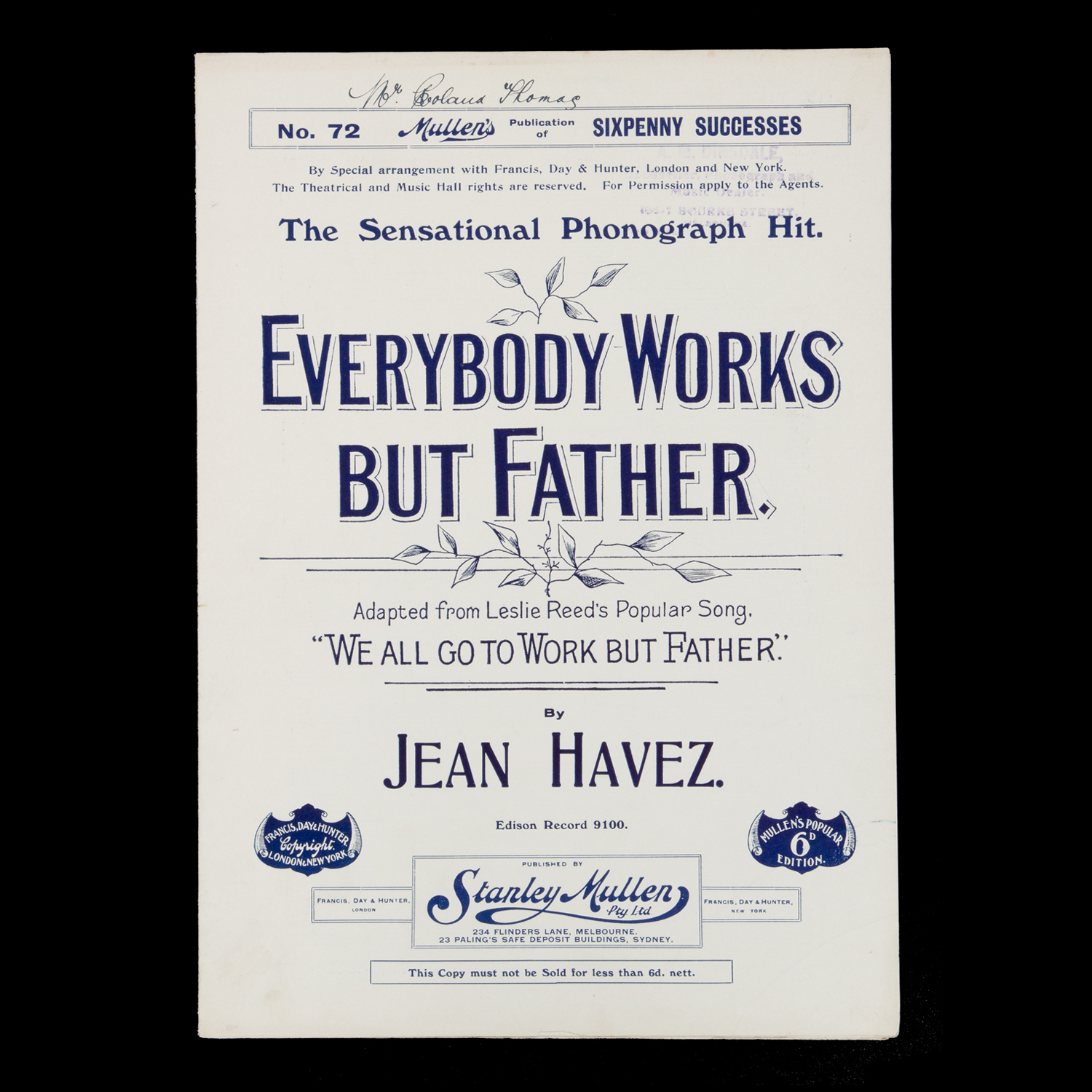 [SHEET MUSIC] Everybody works but father - Douglas Stewart Fine Books