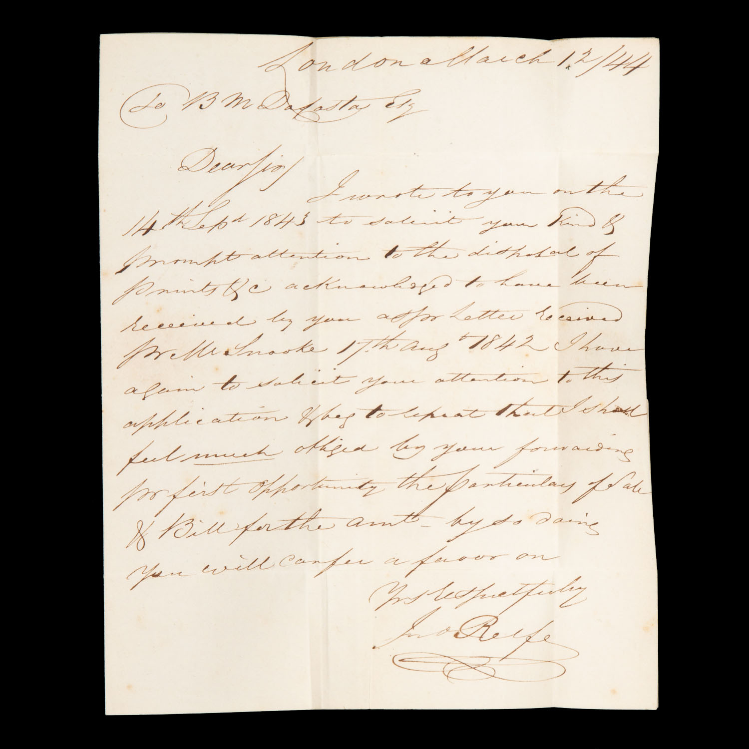 Manuscript letter addressed to early Adelaide merchant Benjamin Da ...